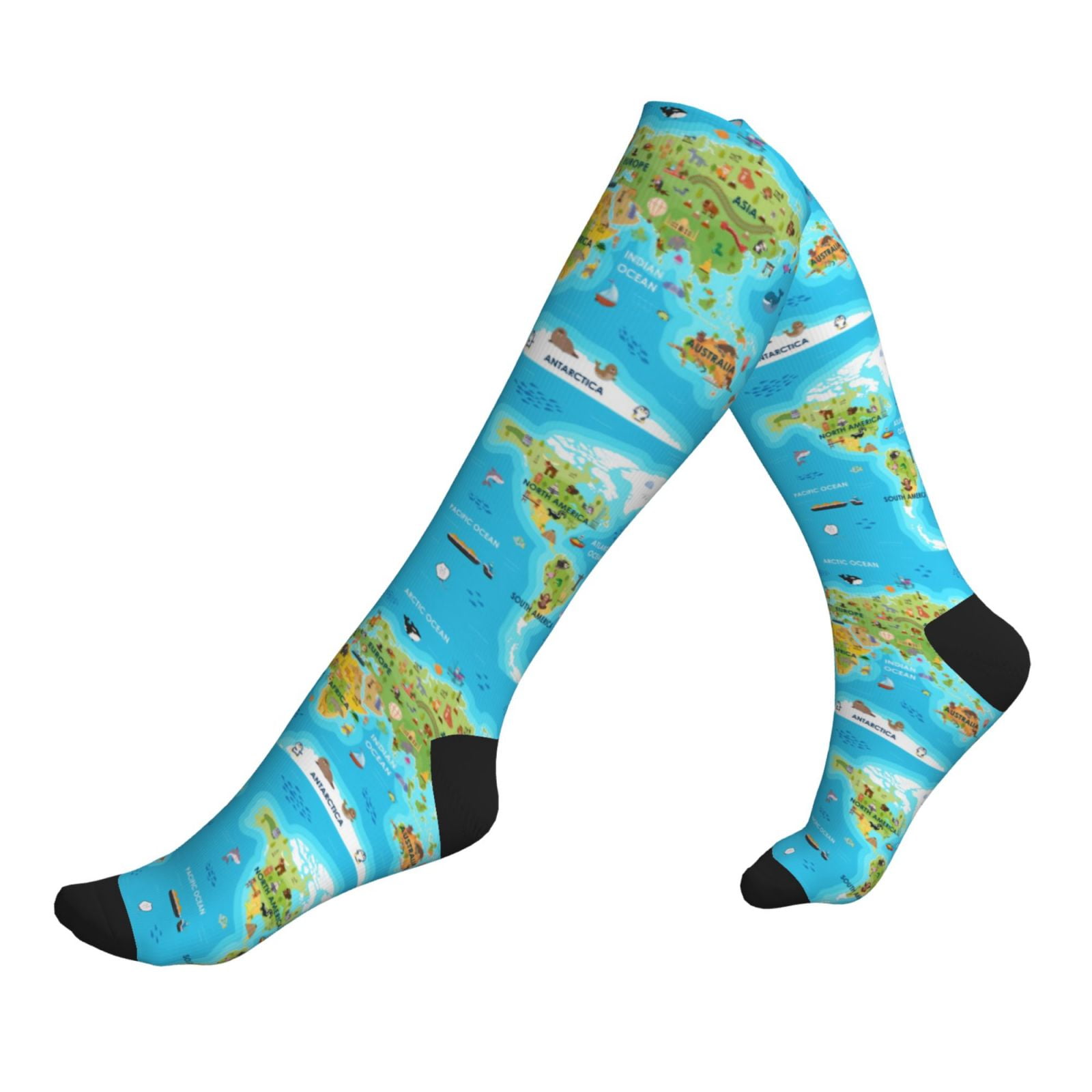 Compression Socks for Women & Men, World Map With Animals Landmarks 15 ...