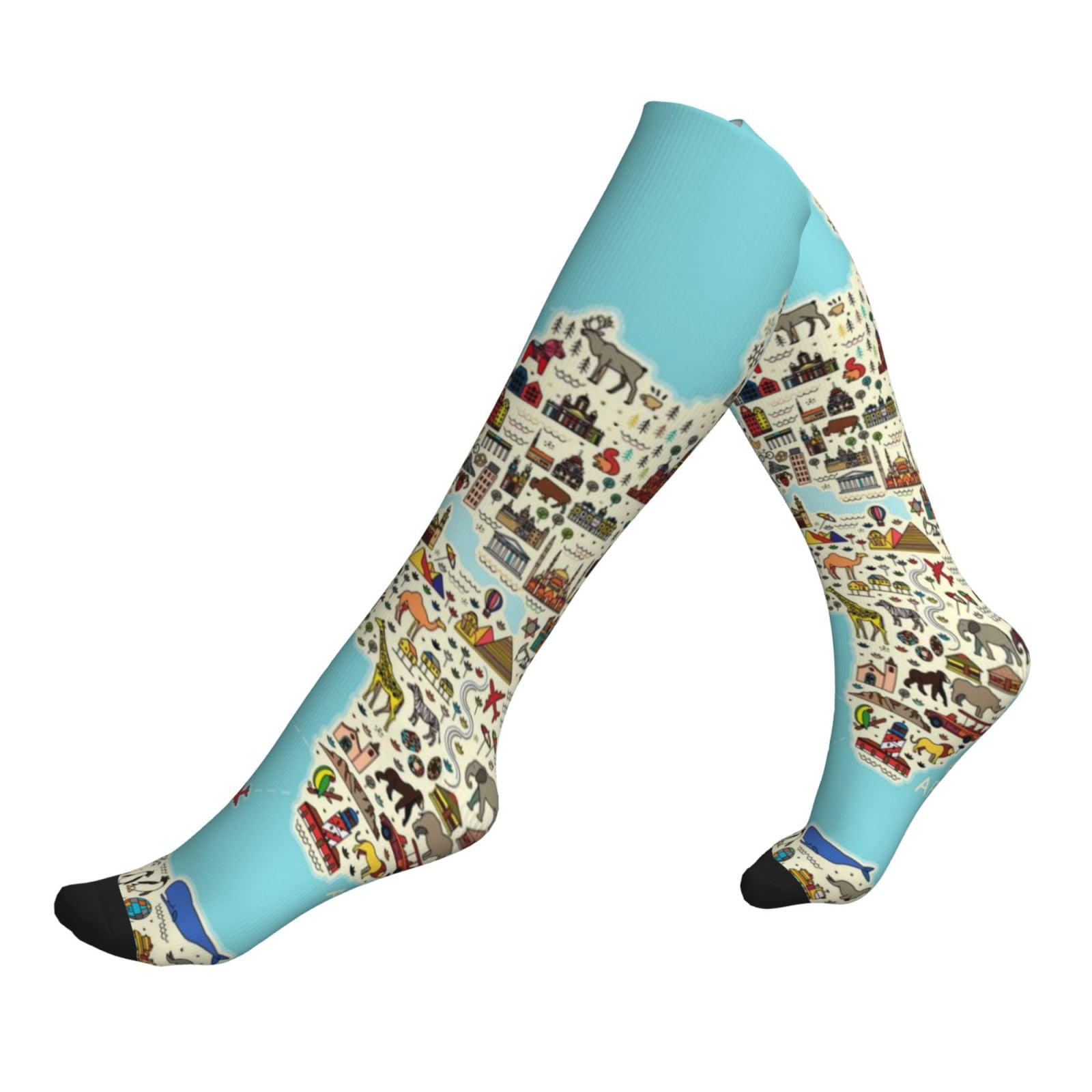 Compression Socks for Women Men - World Travel Line Icons Map Knee High ...
