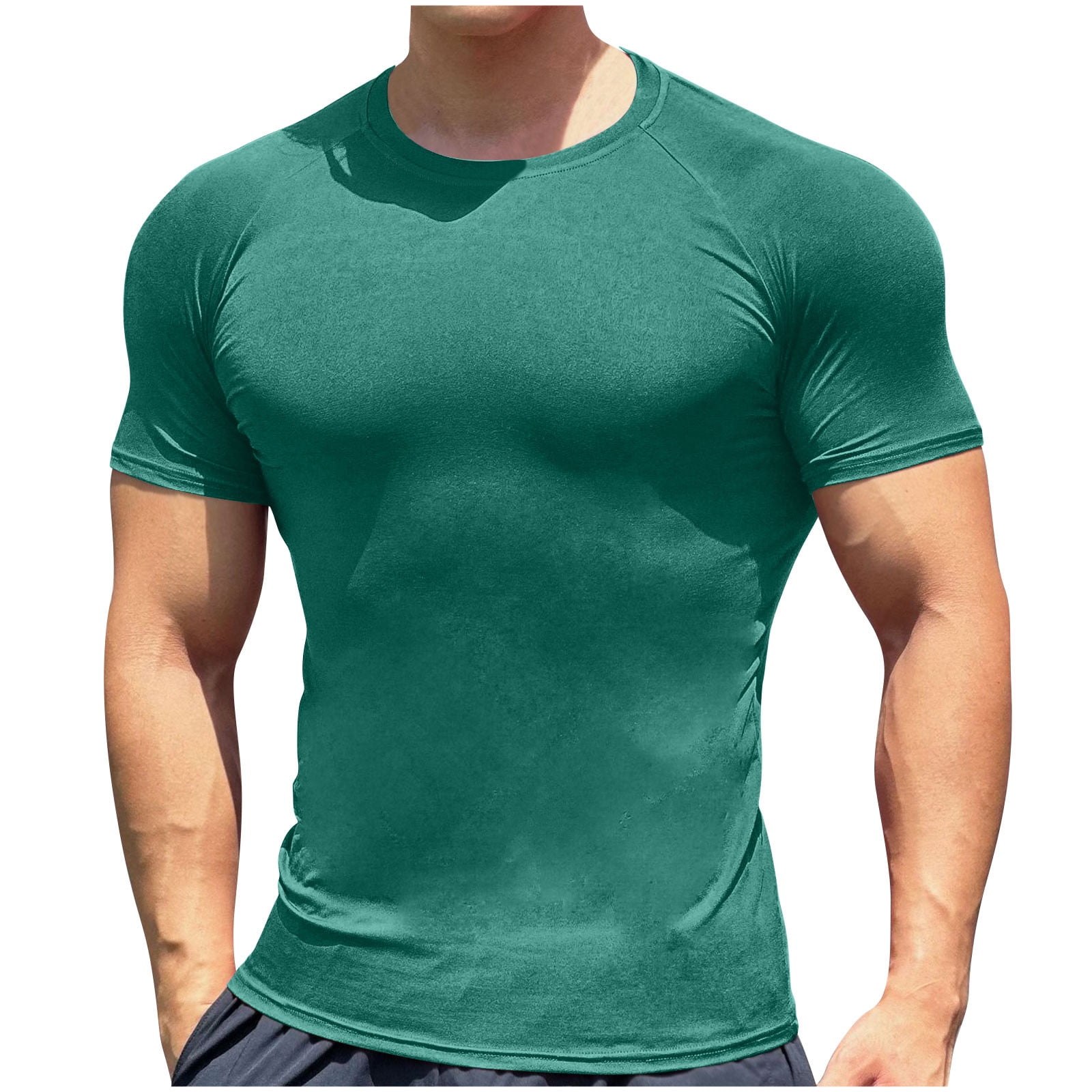 Compression T-Shirts for Men Crew Neck Short Sleeve Workout Gym Muscle ...