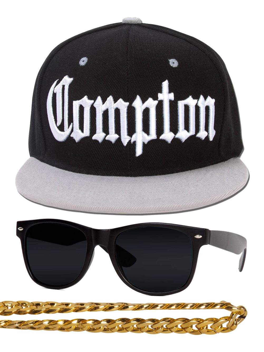Compton 80s Rapper Costume Kit Flat Bill Hat w Sunglasses, Chain ...