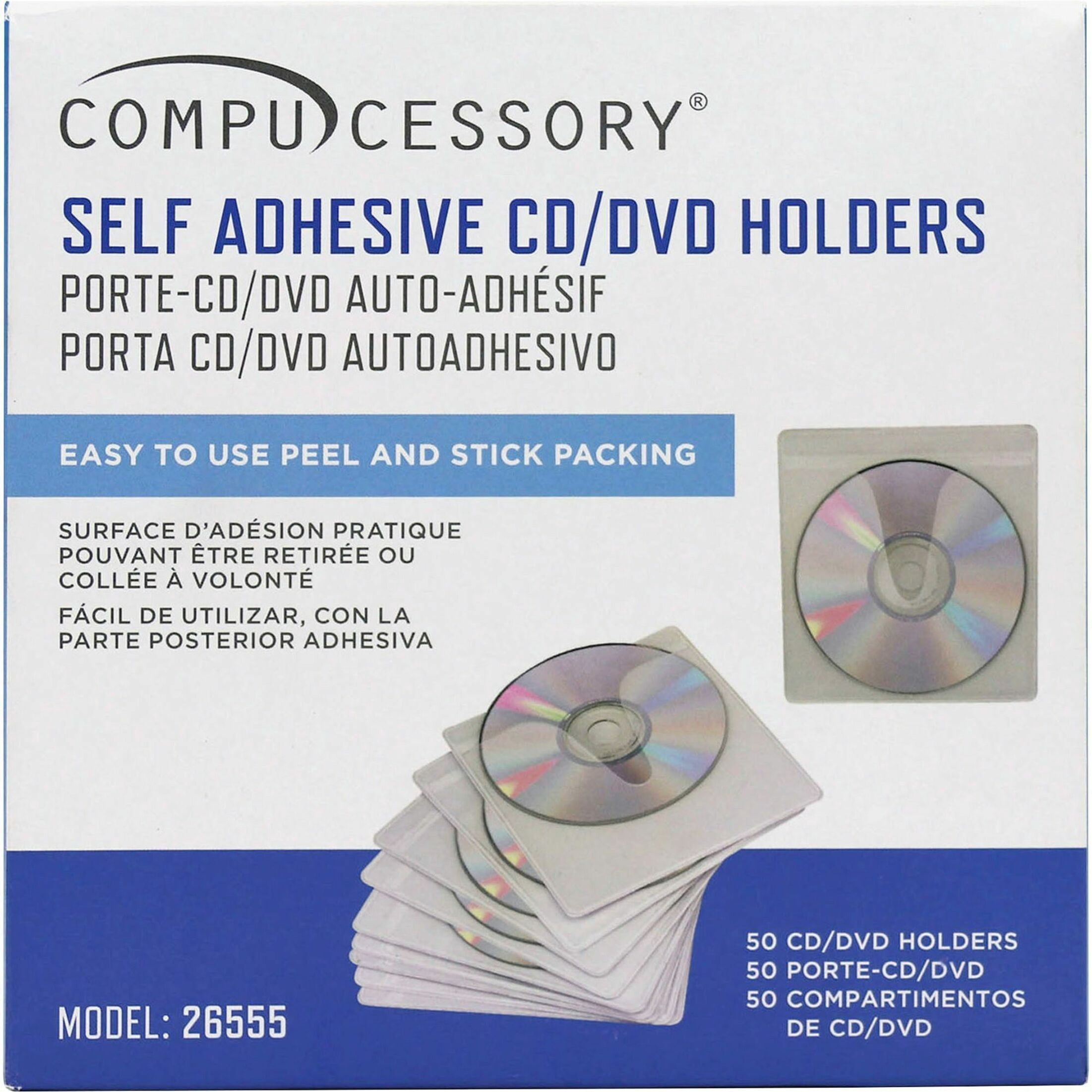Compucessory, CCS26555, Self-Adhesive Poly CD/DVD Holders, 50 / Pack ...