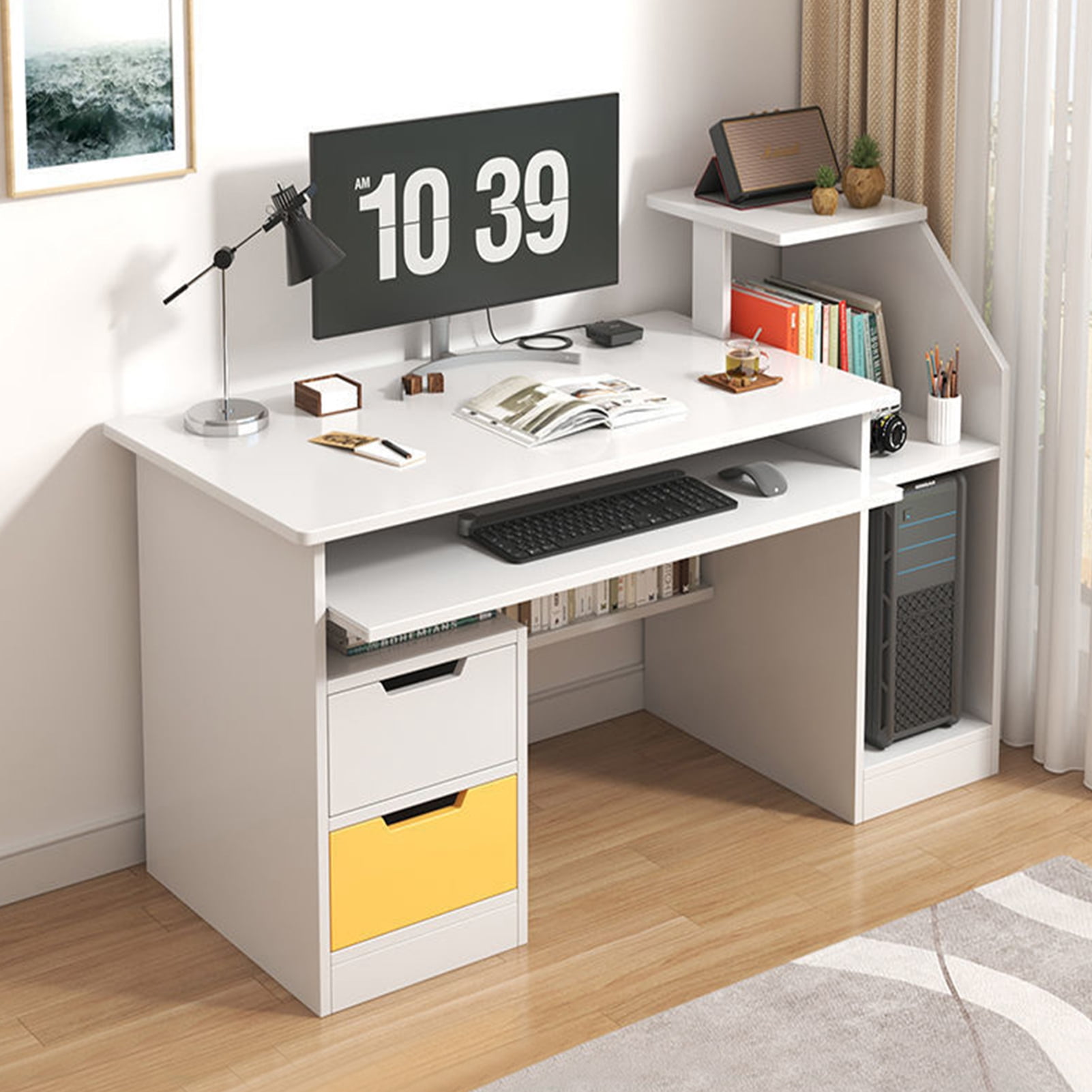 Computer Desk with 2 Drawers and 3 Hutch Shelves, Home Office Desk with ...
