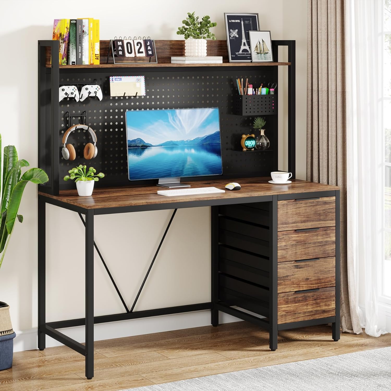 Computer Desk with 4 Drawers, 47 Inches Home Office Desk with Hutch and ...