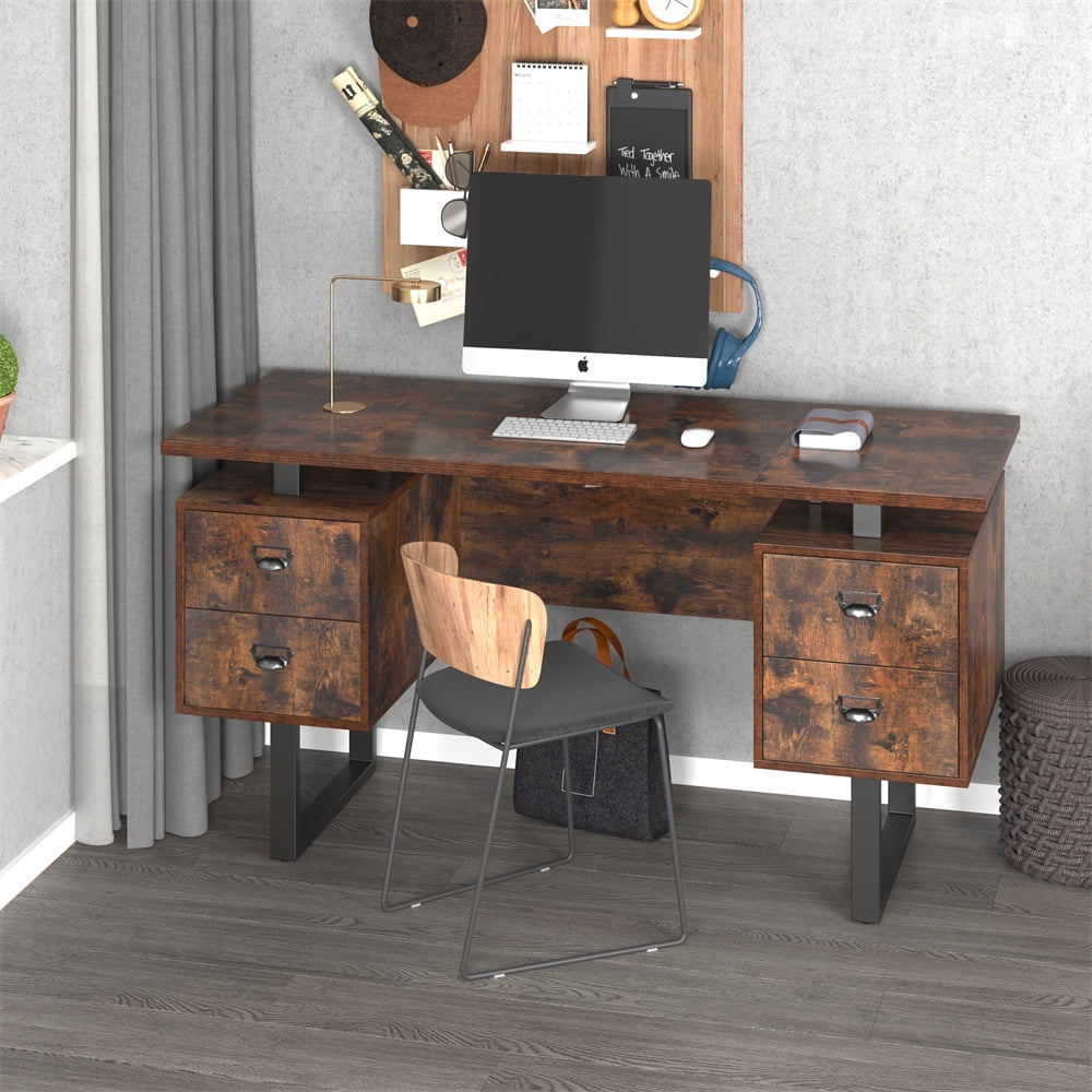 Computer Desk with 4 Large Drawers, Rustic Wood Writing Study Table ...