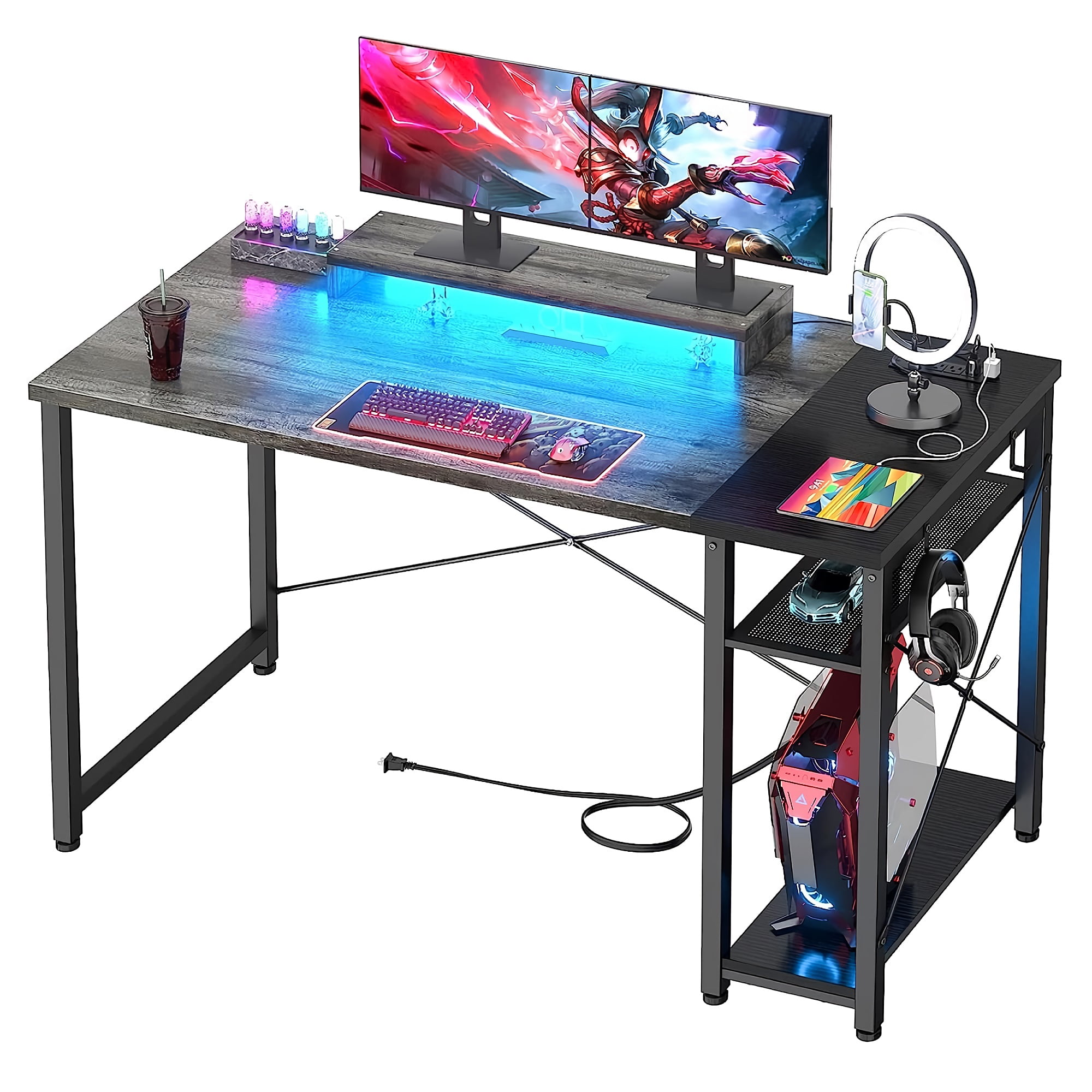 Computer Desk, 40" inch Reversible Gaming Desk with LED Lights, Monitor ...
