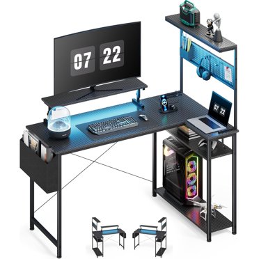 Bestier 52" Gaming Desk with LED Lights L Shaped Desk with Power Outlet ...