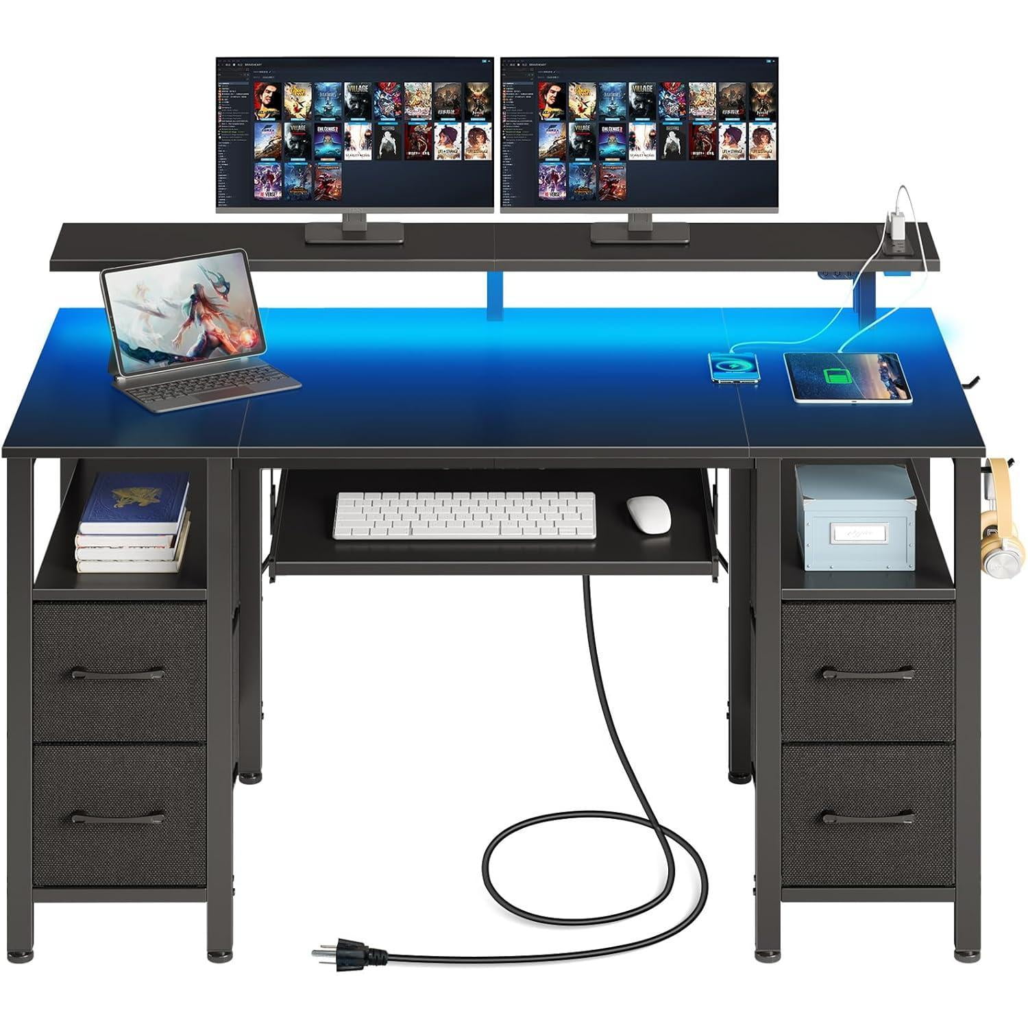 Computer Desk 47.2" with LED Lights & Power Outlets, Home Office Desk ...