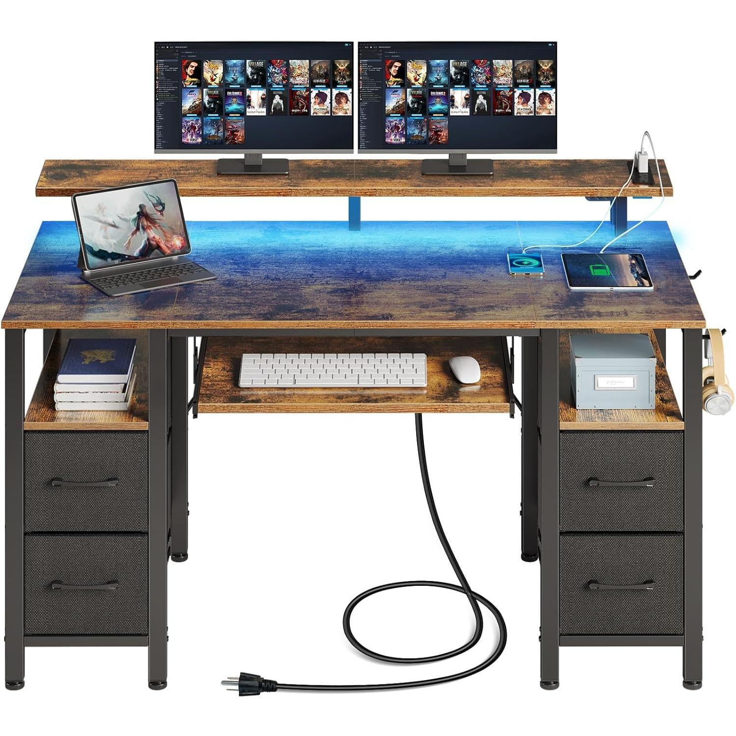 Computer Desk 47.2" with LED Lights & Power Outlets, Home Office Desk ...