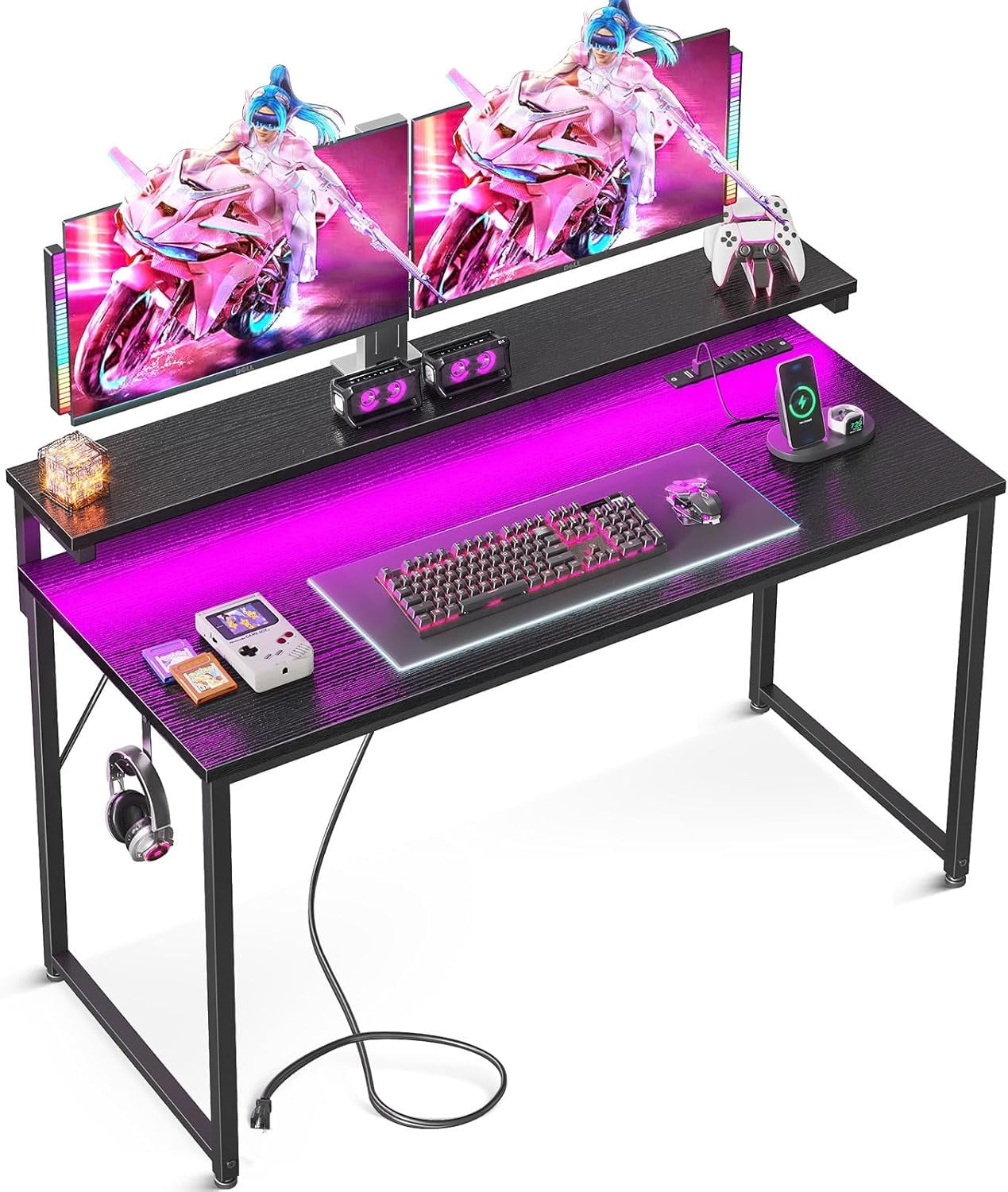 Computer Desk, 48 Inch Gaming Desk with LED Lights and Power Outlet ...