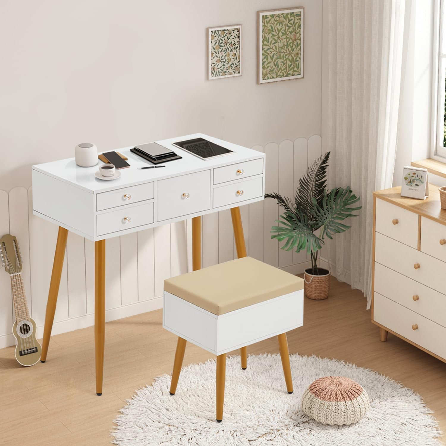 Computer Desk with 5 Drawers, 32 Inch White Work Desk with Storage ...
