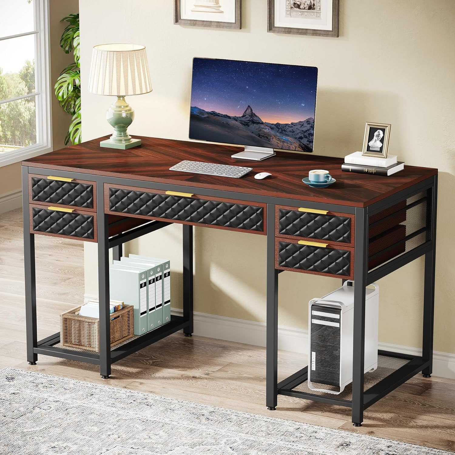 Computer Desk with 5 Drawers, 47 Inch Home Office Desks with Storage ...