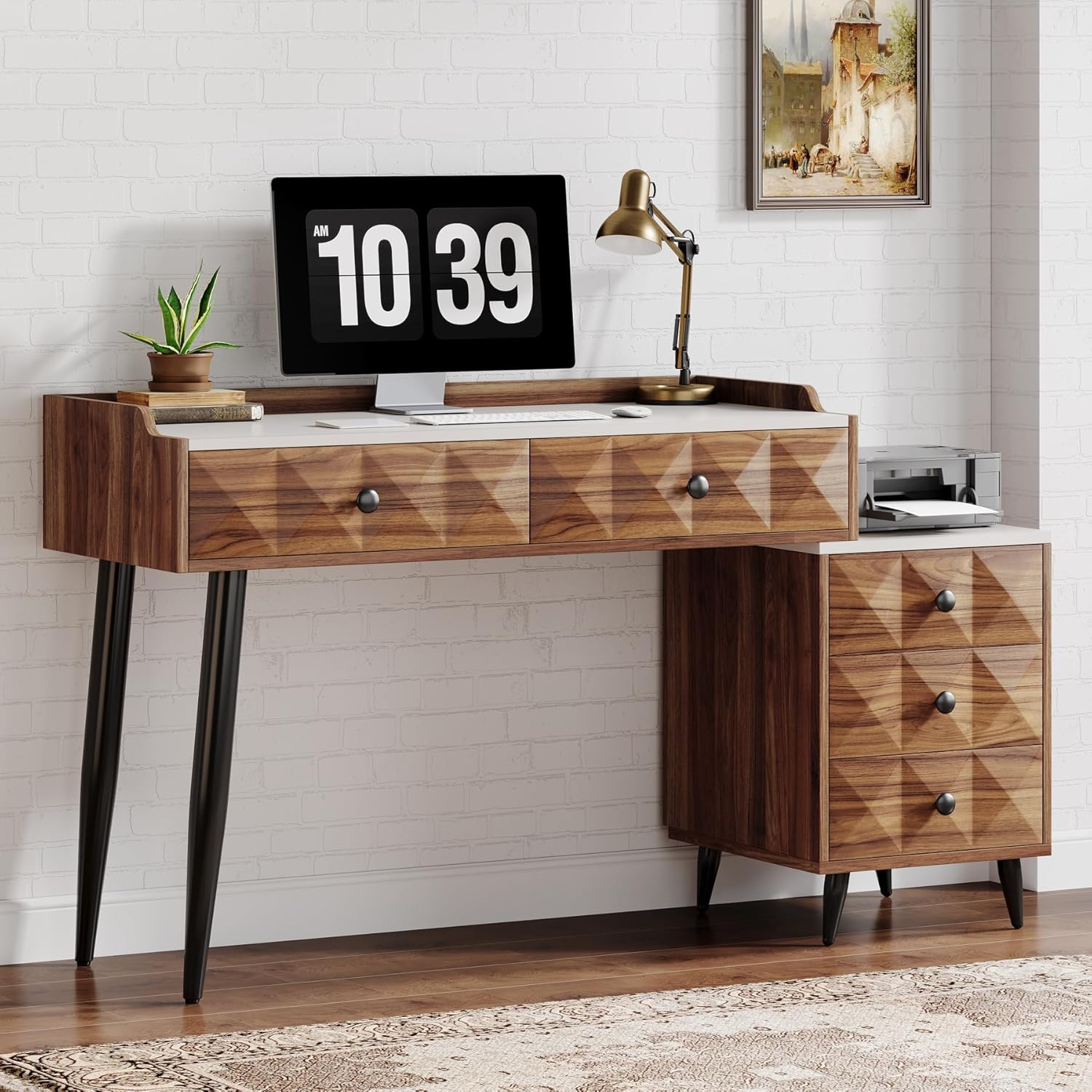 Computer Desk with 5 Drawers, Extendable Home Office Desk with Drawer ...