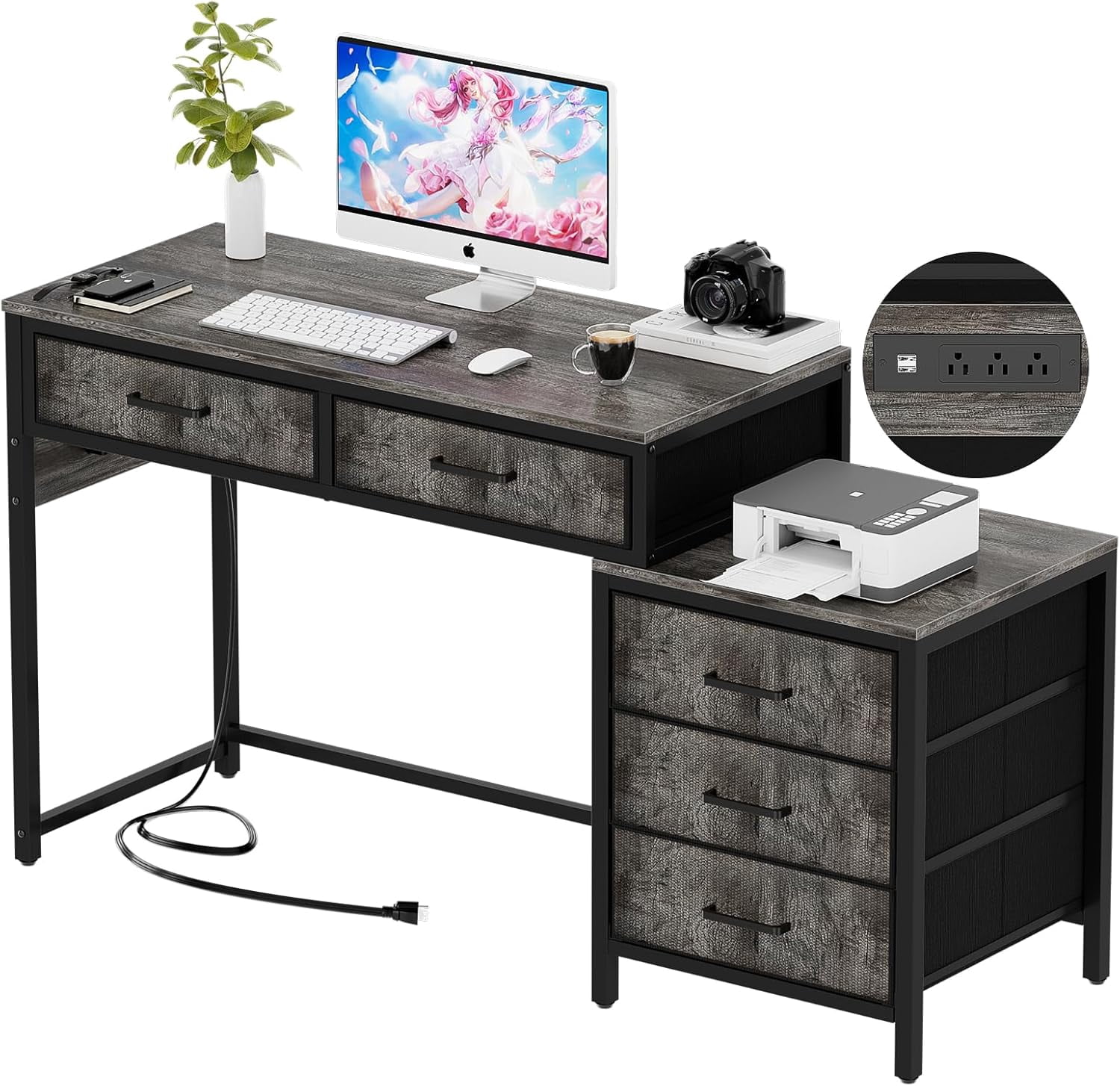 Computer Desk with 5 Drawers, Reversible Home Office Desk with Power ...