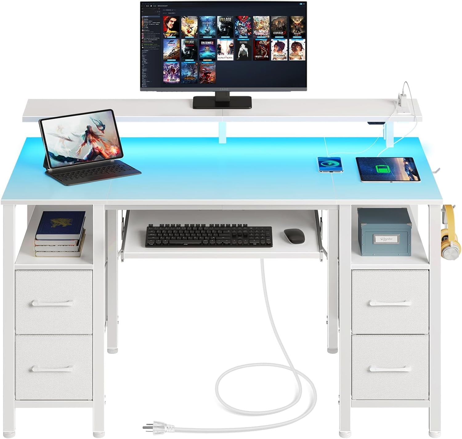 Computer Desk 55.1" with LED Lights & Power Outlets, Home Office Desk ...