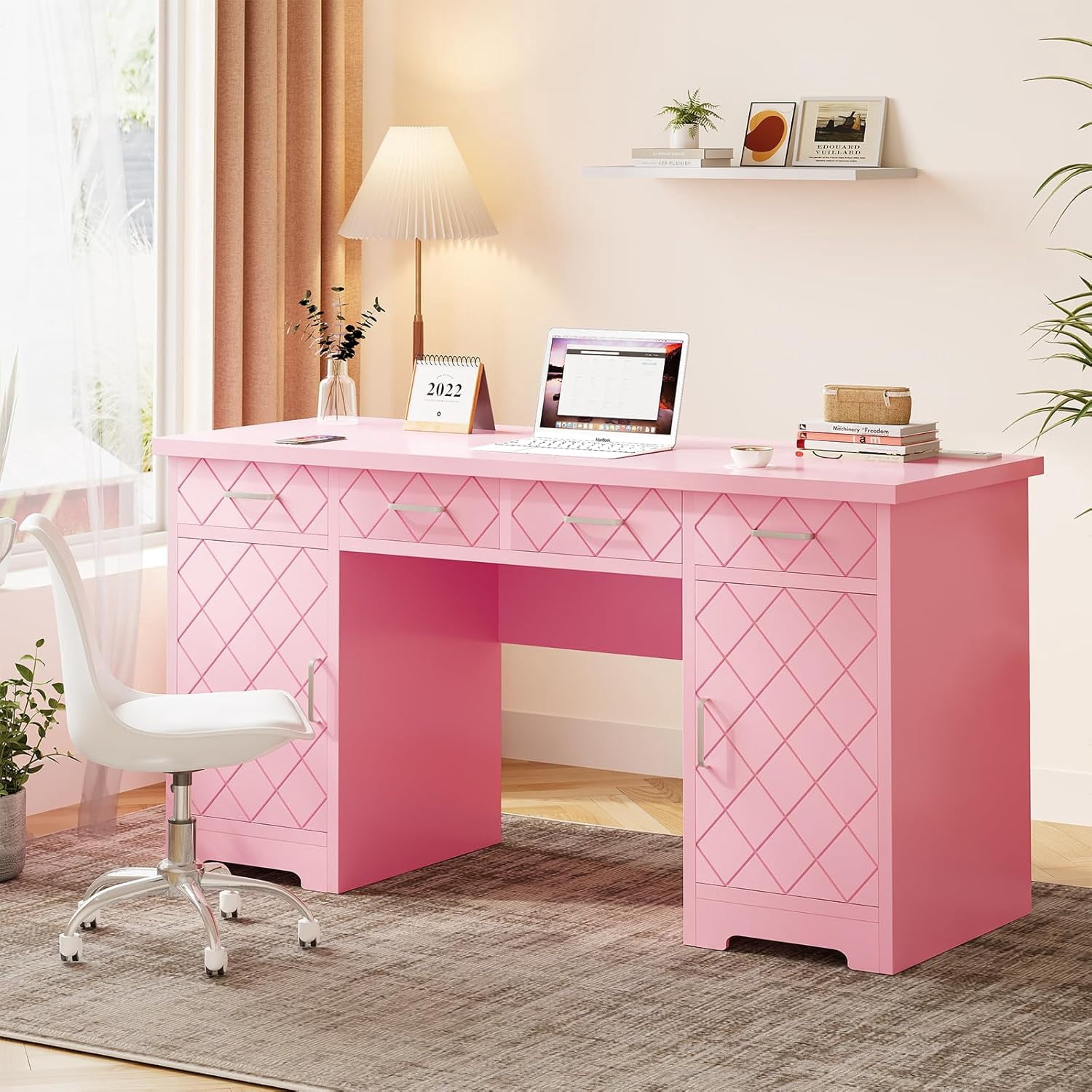 Computer Desk, 55 Inch Office Desk with Power Outlets, 4 Drawers ...