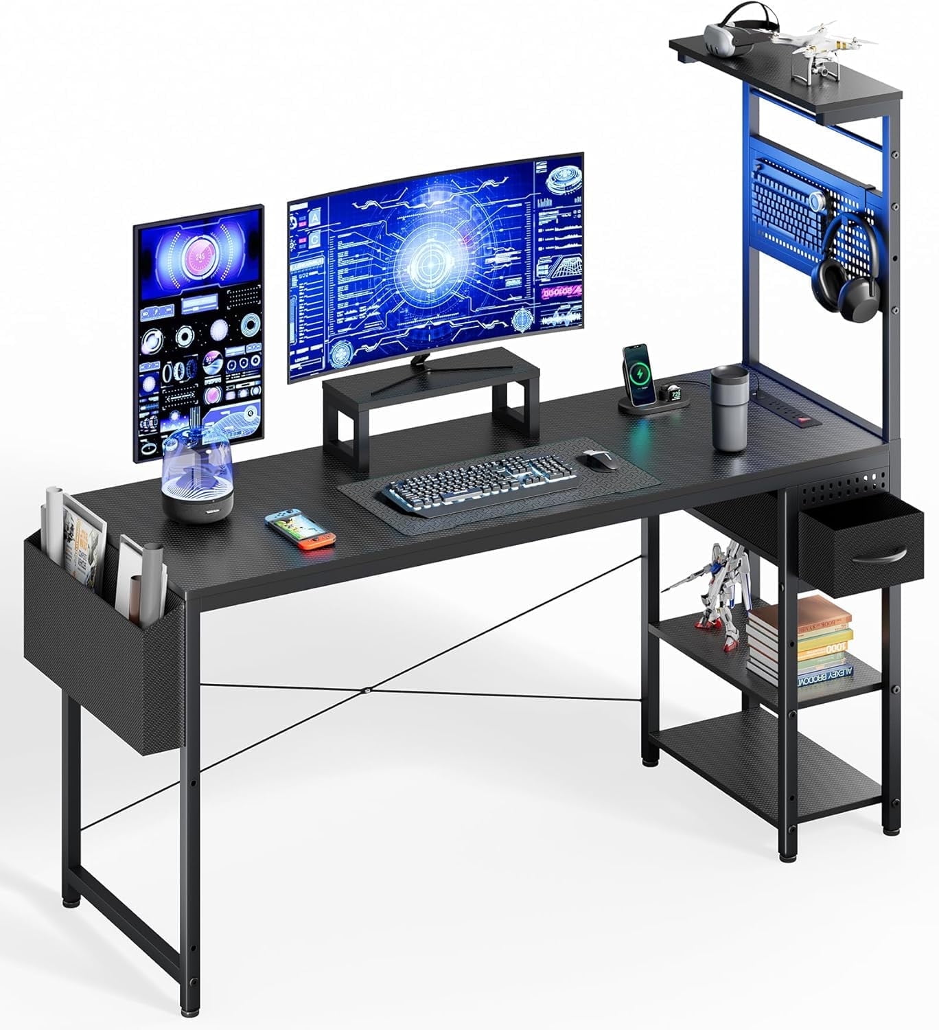 Upgo 55" Gaming Desk with Adjustable Storage Rack & LED Lights, Power ...
