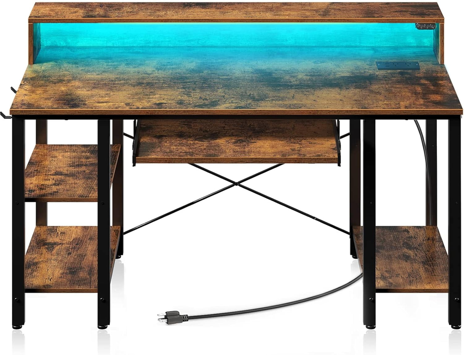Computer Desk 55 inch with LED Lights & Power Outlets, Gaming Desk with ...