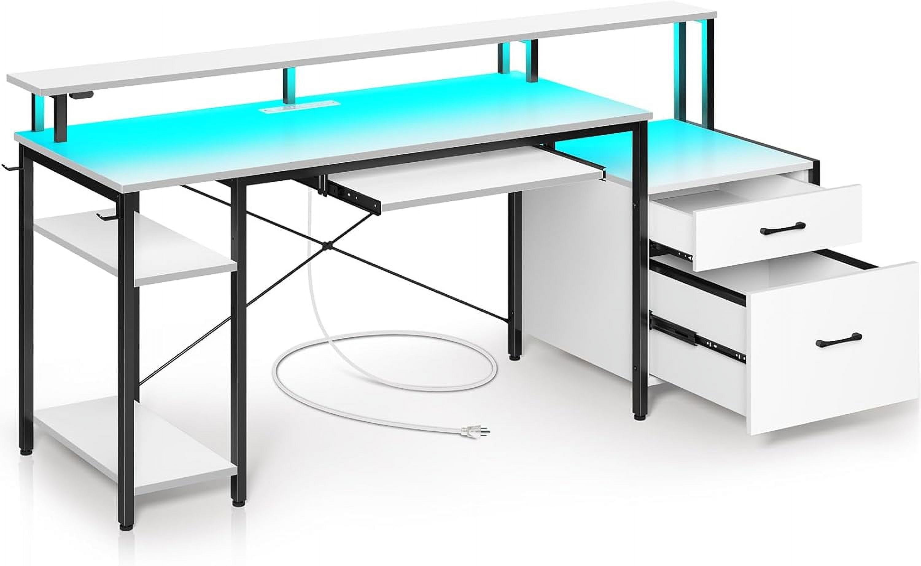 Computer Desk 59" with File Drawer, Gaming Desk with LED Light & Power ...
