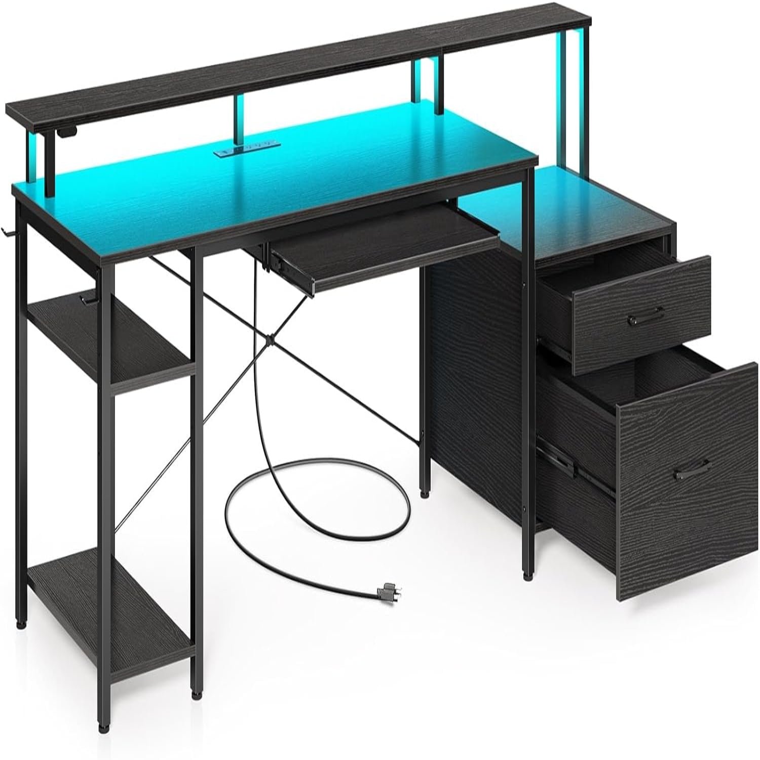 Computer Desk 63" with File Drawer Gaming Desk with LED Light & Power ...