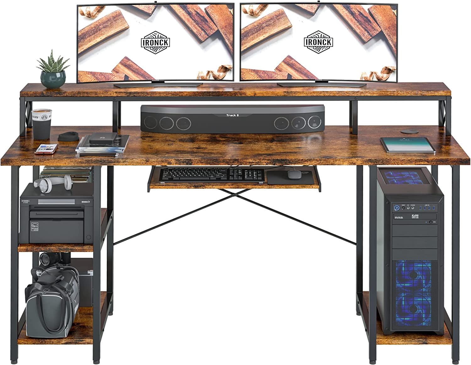 Computer Desk 63", Home Office PC Desk with Keyboard Tray Monitor Stand ...