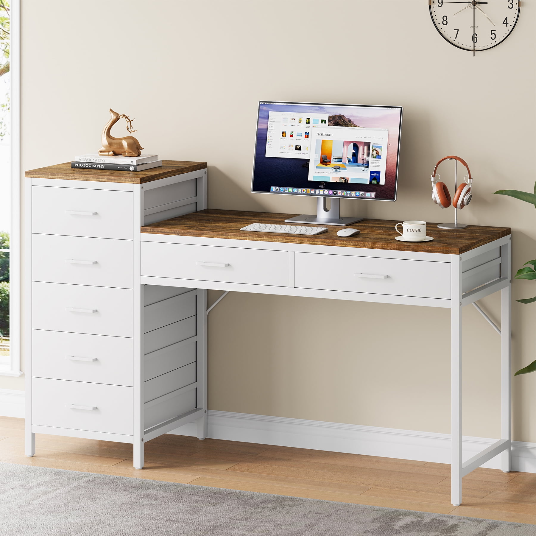 Computer Desk with 7 Drawers, 55 inch Home Office Desks with Reversible ...