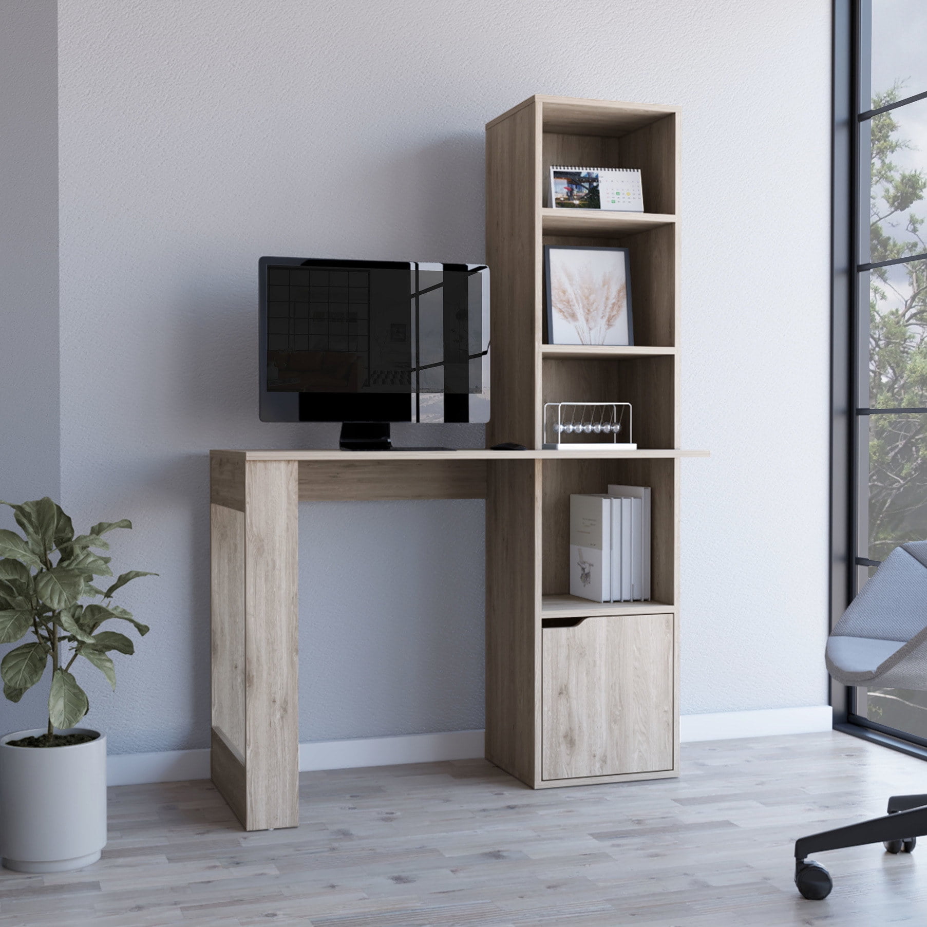 Computer Desk with Attached Bookcase & Cabinet | Spacious Surface for ...