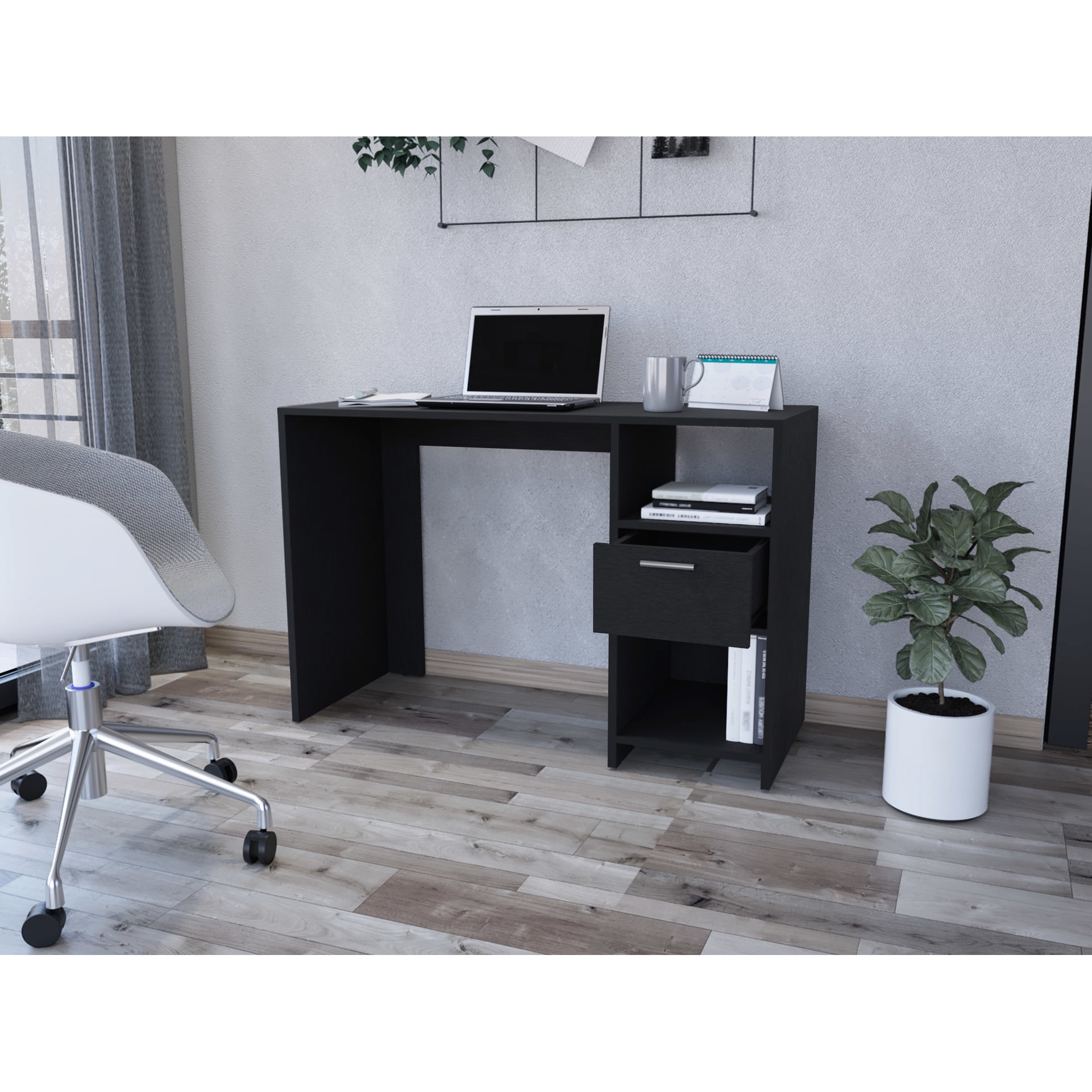 Computer Desk In Black Finish With Single Drawer & Open Storage. 43.3"w ...