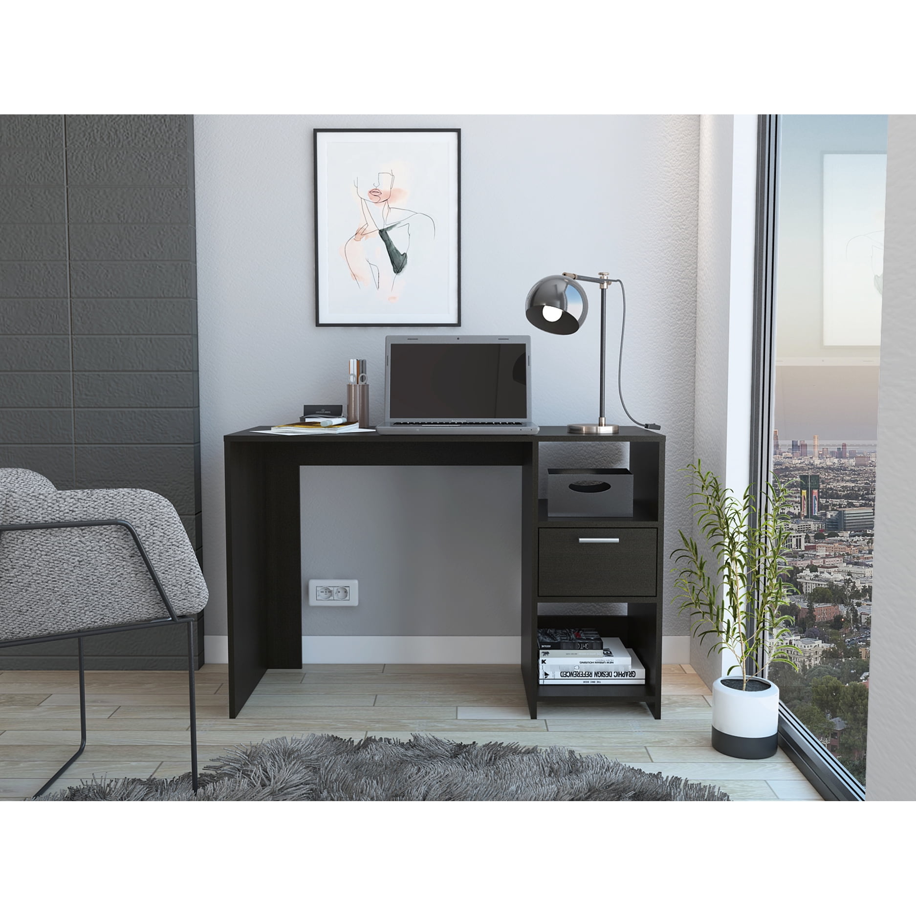 Computer Desk Black Version - Rectangular, One Drawer, Two Shelves, 43.3"w X 17.04"d, Modern ...