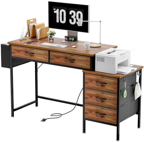 Computer Desk with Charging Station, Home Office Desks with Fabric ...