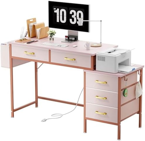 Computer Desk with Charging Station, Home Office Desks with Fabric ...