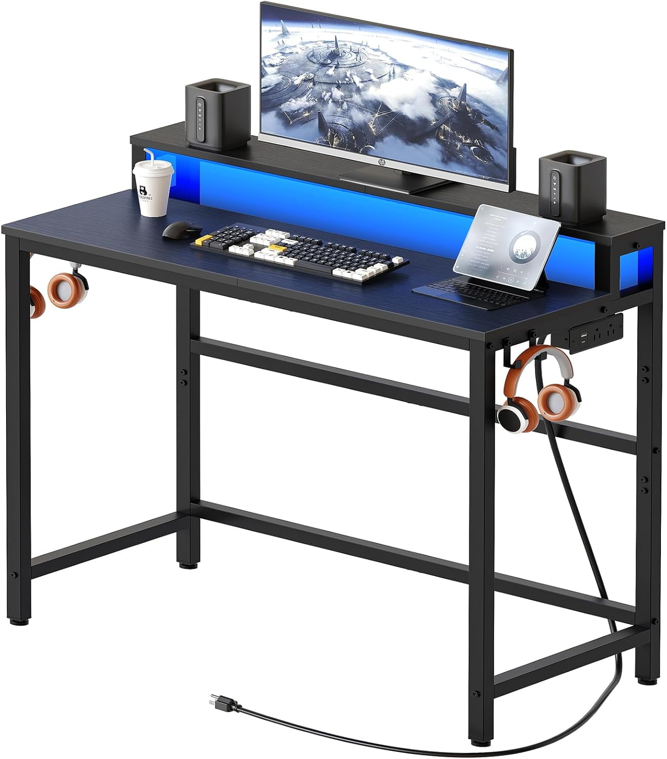 Computer Desk with Charging Station and LED Lights, Gaming Desk with ...