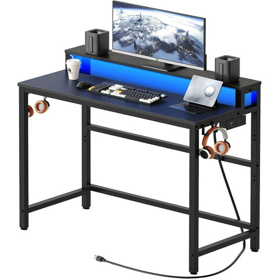 Computer Desk with Charging Station and LED Lights, Gaming Desk with ...