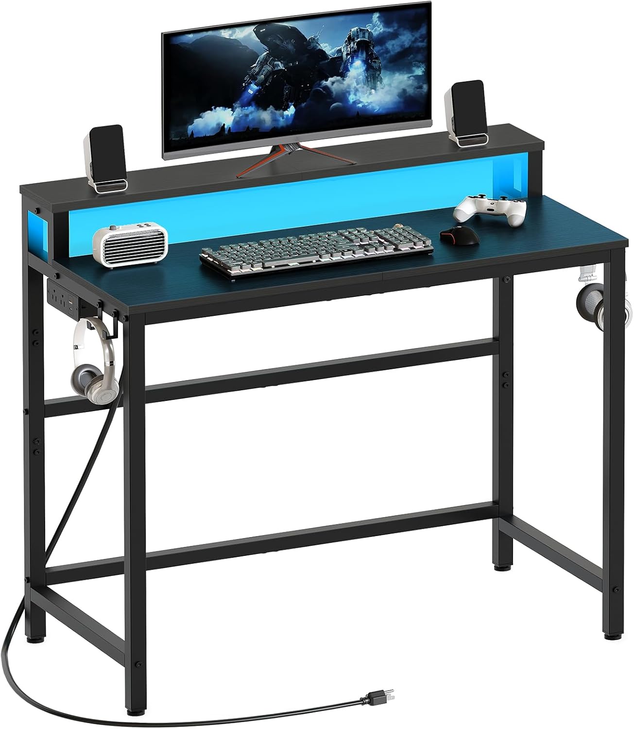 Computer Desk with Charging Station and LED Lights, Gaming Desk with ...