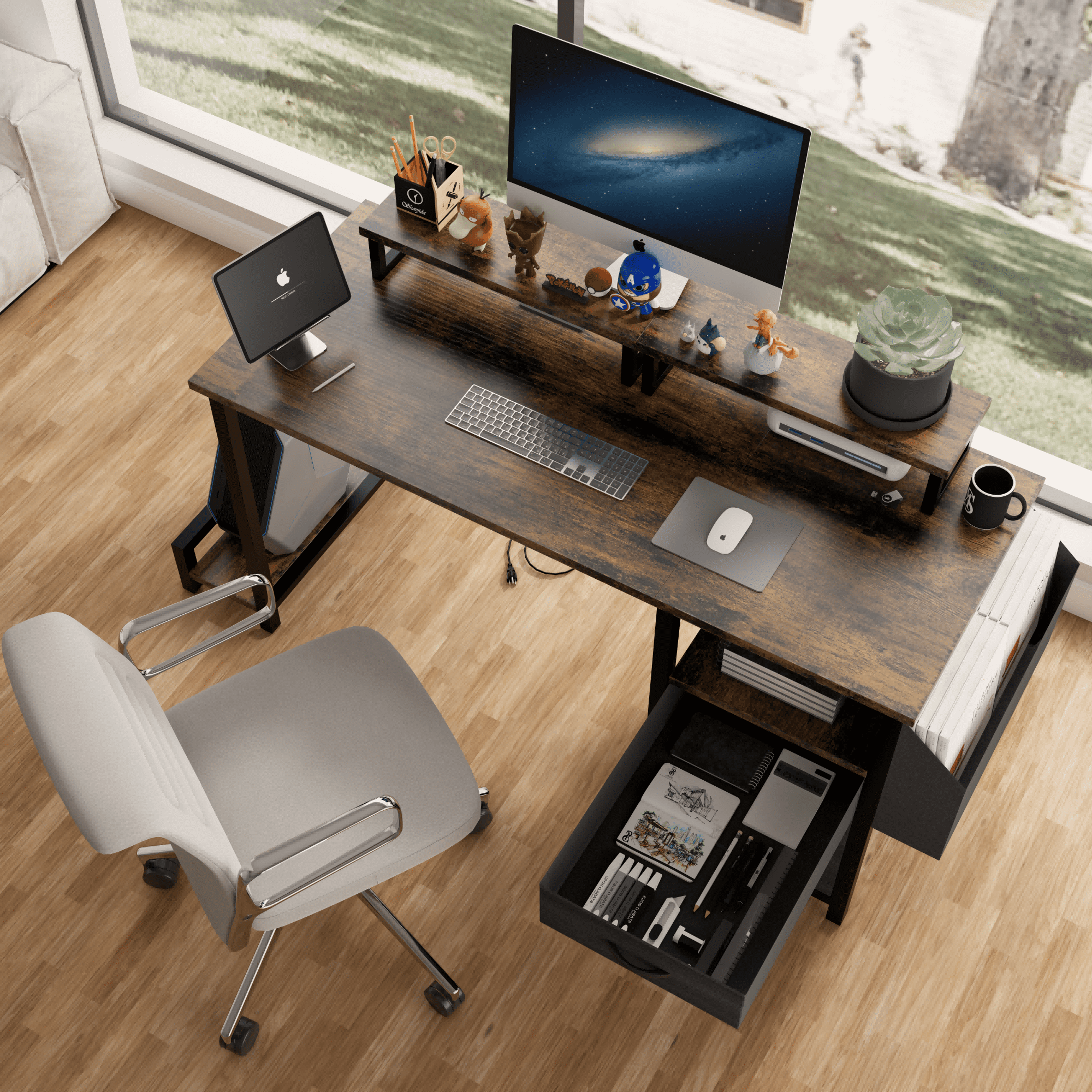 Computer Desk with Drawer and Power Outlets, 47" Office Desk with 2 ...