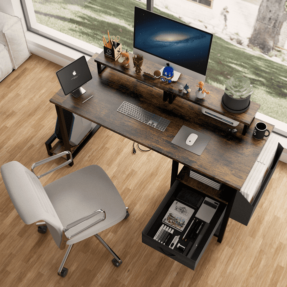 Computer Desk with Drawer and Power Outlets, 47" Office Desk with 2 ...