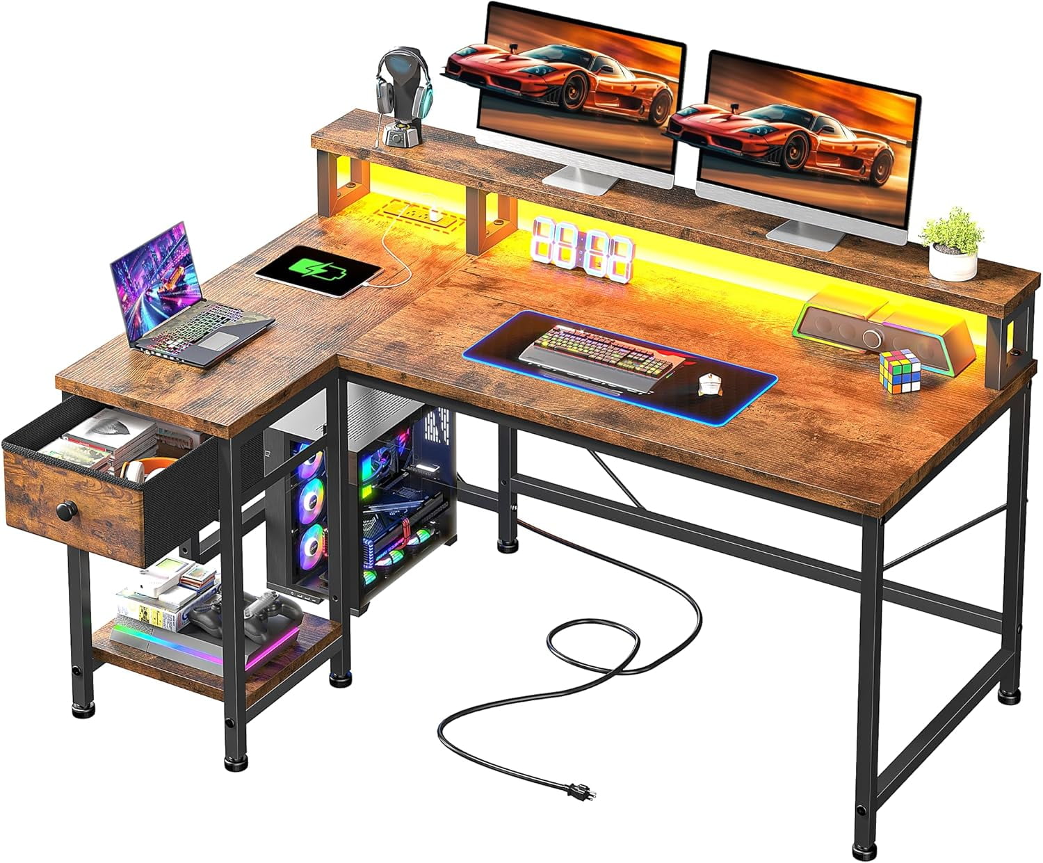 Computer Desk with Drawers, 40" L Shaped Small Office Desks with LED ...
