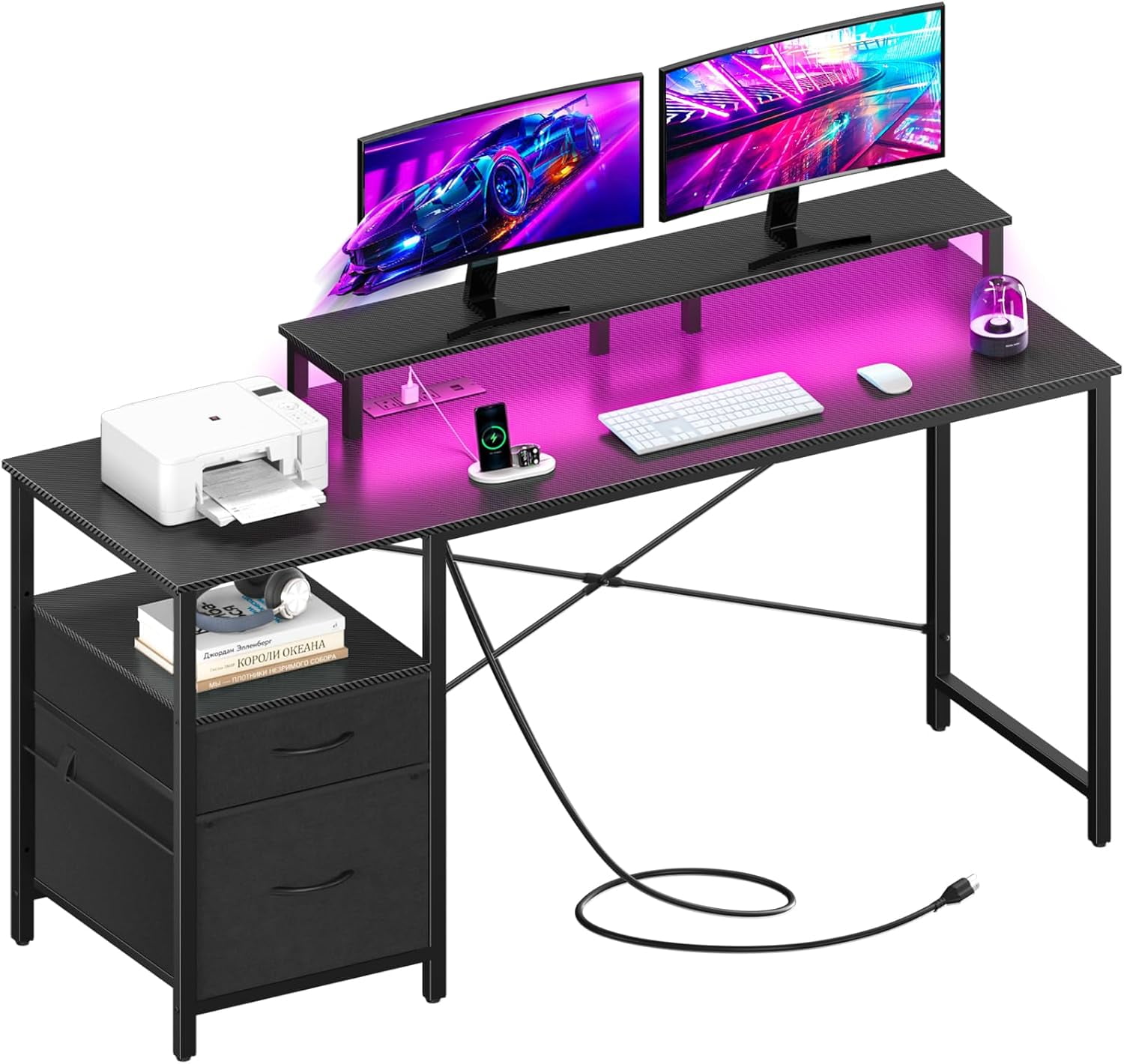 Computer Desk with Drawers, 55.1" Gaming Desk with LED Lights & Power ...