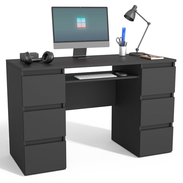 Computer Desk with Drawers, Black Desk with Storage & Shelf Writing ...