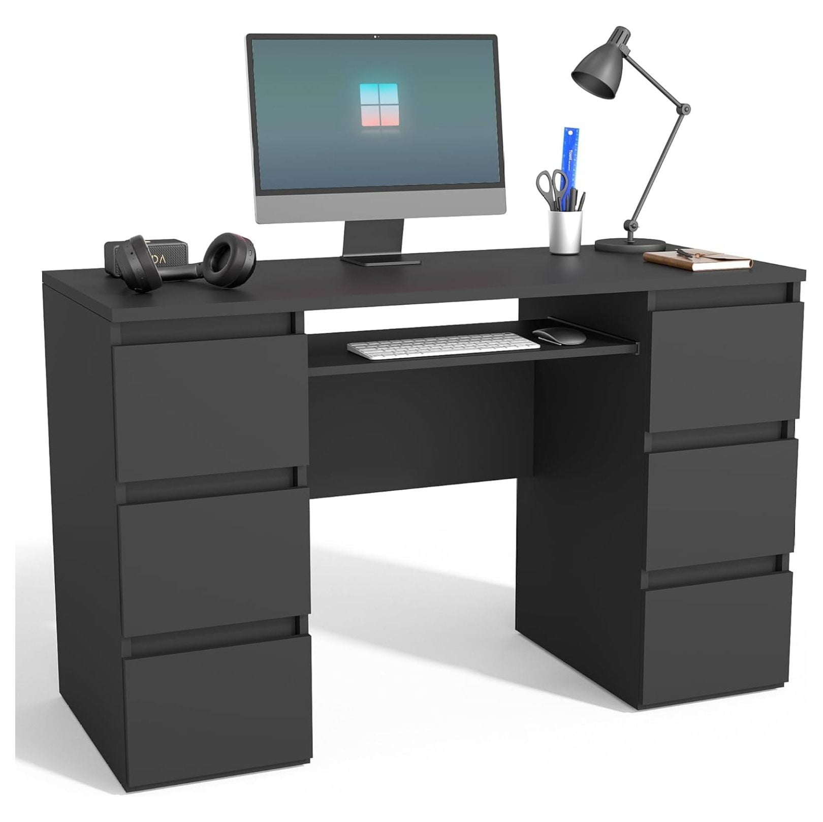 Computer Desk with Drawers, Black Desk with Storage & Shelf Writing ...