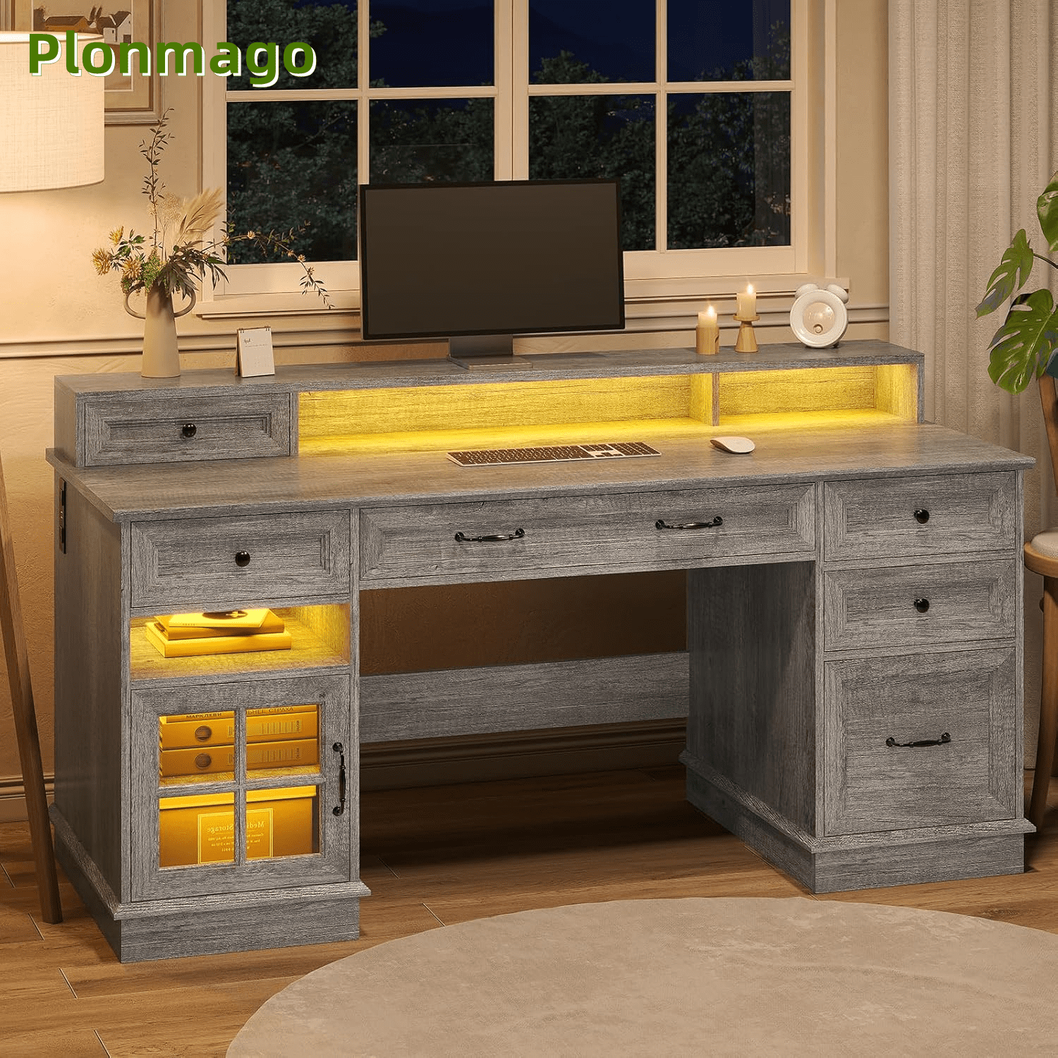 Plonmago Computer Desk with Drawers, Farmhouse Executive Desk with ...
