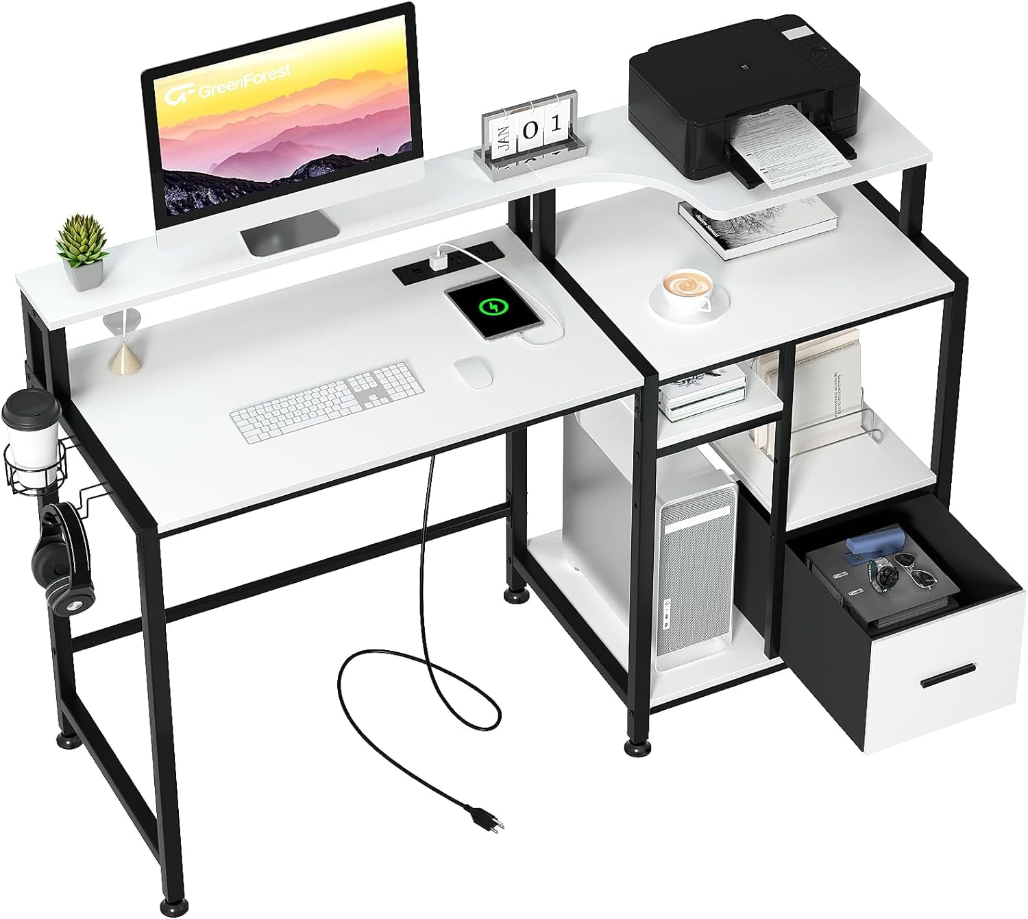 Computer Desk with Drawers, Home Office Desk with Printer Shelf, 55 ...