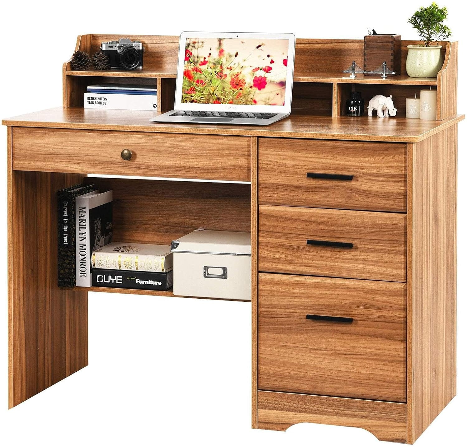 Computer Desk with Drawers and Hutch, 44” Rustic Oak Wood Desk with 4 ...
