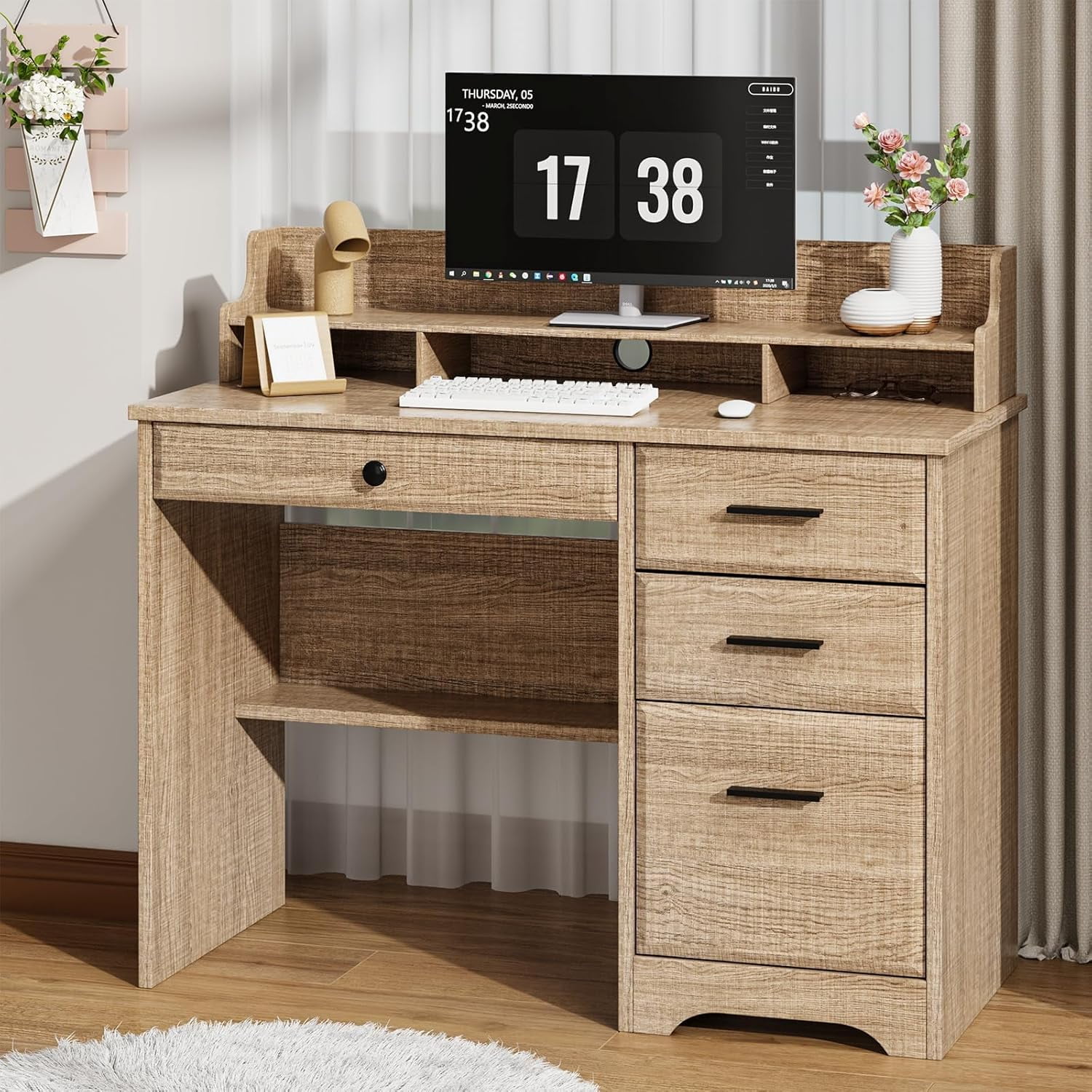 Computer Desk with Drawers and Hutch Shelf, Farmhouse Home Office Desk ...