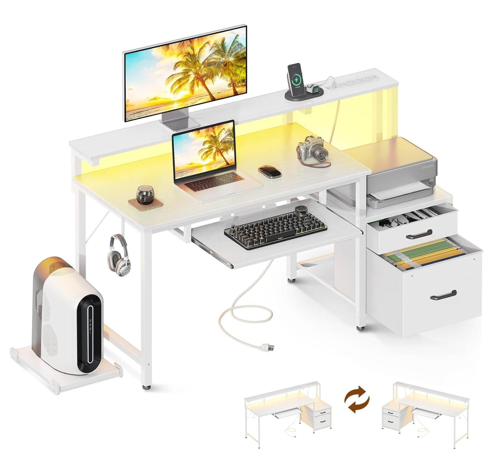 " Computer Desk with Fabric File Cabinet and Drawer, Reversible Office ...