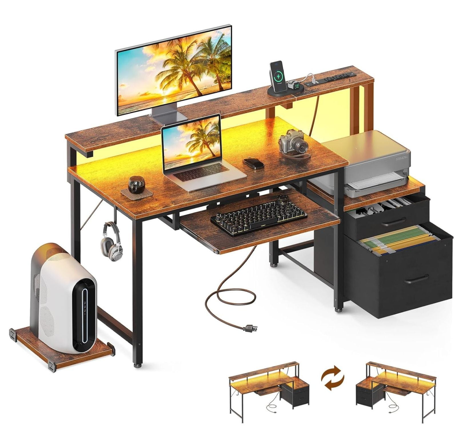 " Computer Desk with Fabric File Cabinet and Drawer, Reversible Office ...