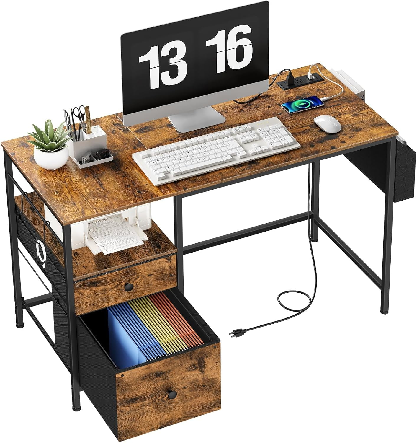 Computer Desk with Fabric File Drawers, 47" Office Desk with Power ...