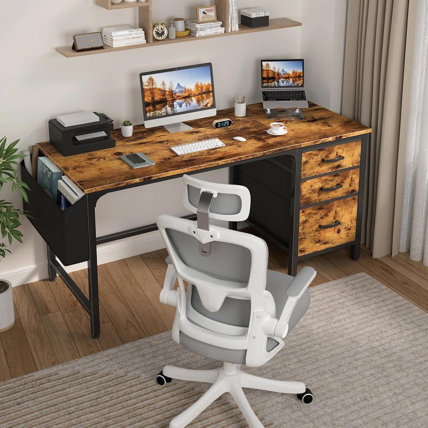 Computer Desk with Fabric File Drawers Cabinet, 55 Inch Home Office ...