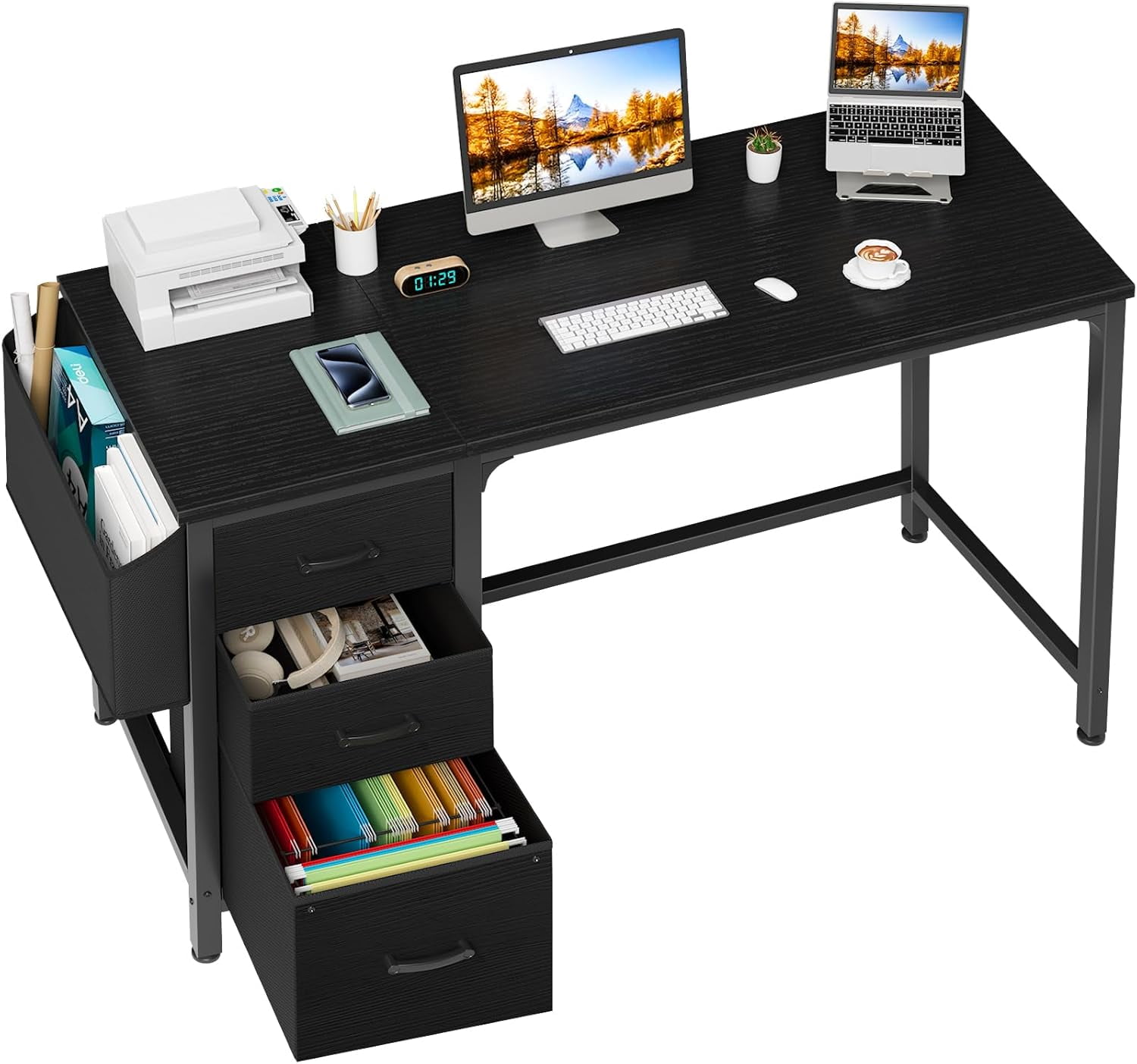 Computer Desk with Fabric File Drawers Cabinet, 55 Inch Reversible Home ...