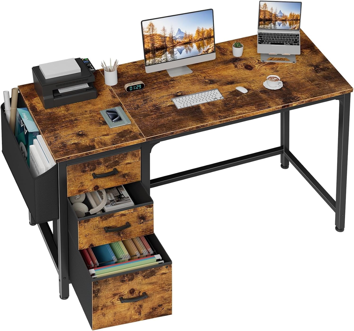 Computer Desk with Fabric File Drawers Cabinet, 55 Inch Reversible Home ...