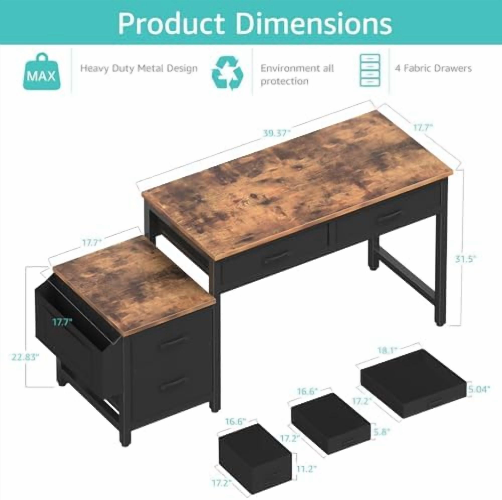 Computer Desk with Fabric File Drawers Cabinet, 57 Inch Home Office ...